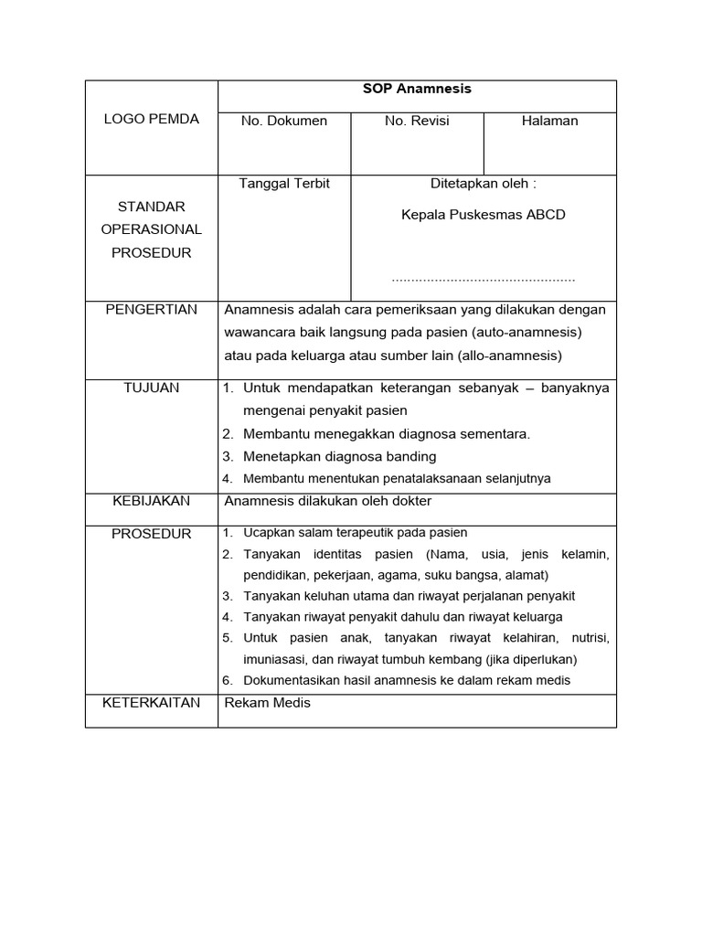 SOP Anamnesis | PDF | Kesehatan Holistik | Sains & Matematika