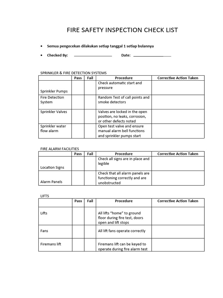 Form Fire Safety Inspection Check List | PDF | Fire Sprinkler System ...