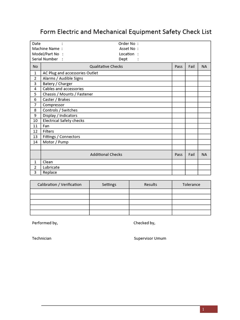 Form Electric and Mechanical Equipment Safety Check List | PDF