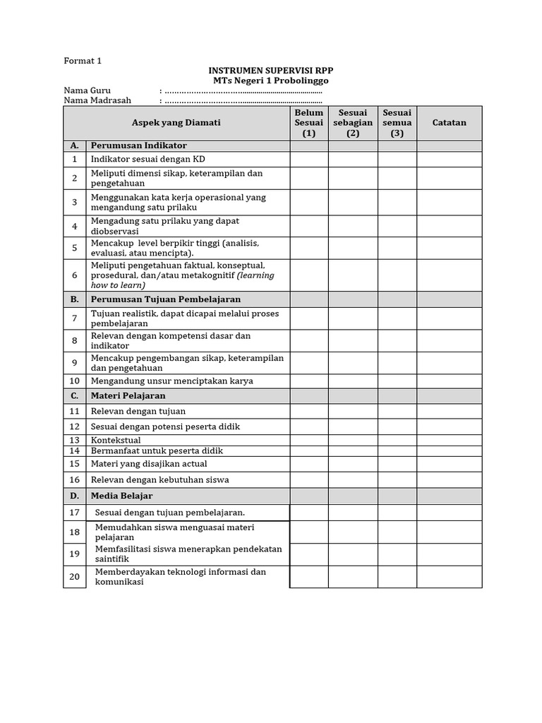 Instrumen Supervisi | PDF | Karier & Perkembangan