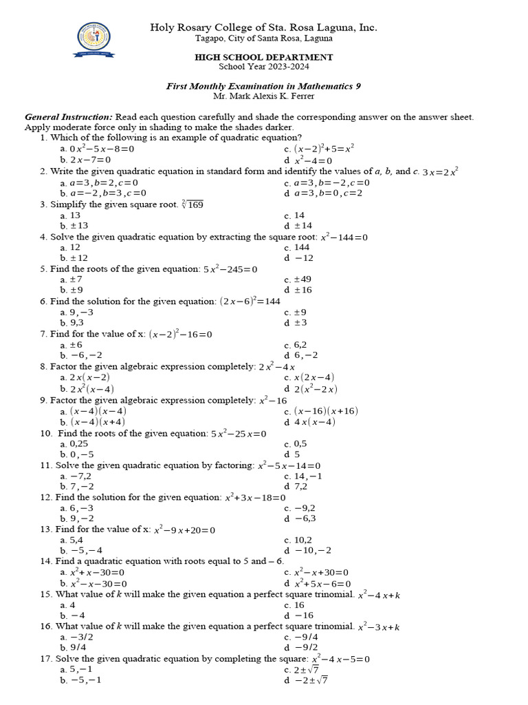 First Monthly Examination in Math 9 | PDF | Quadratic Equation | Equations
