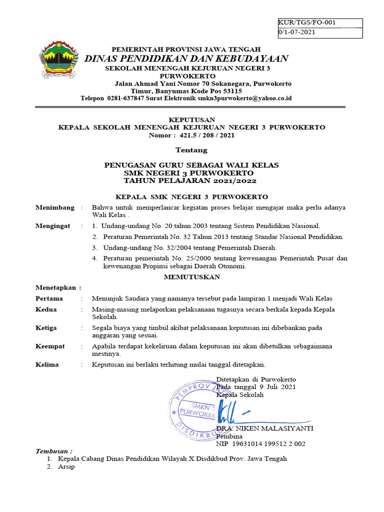 SK Wali Kelas 20212022 TTD Rev.1 | PDF