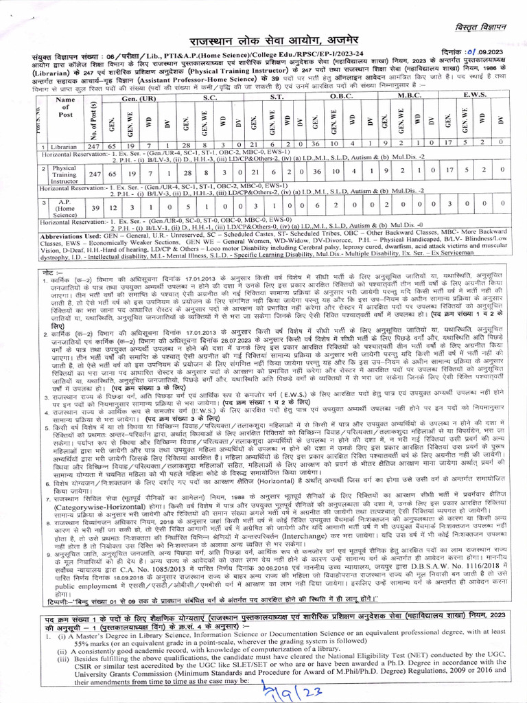RPSC College Librarian PTI Notification 2023 | PDF