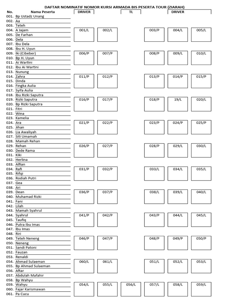 Nomor Kursi Bus | PDF