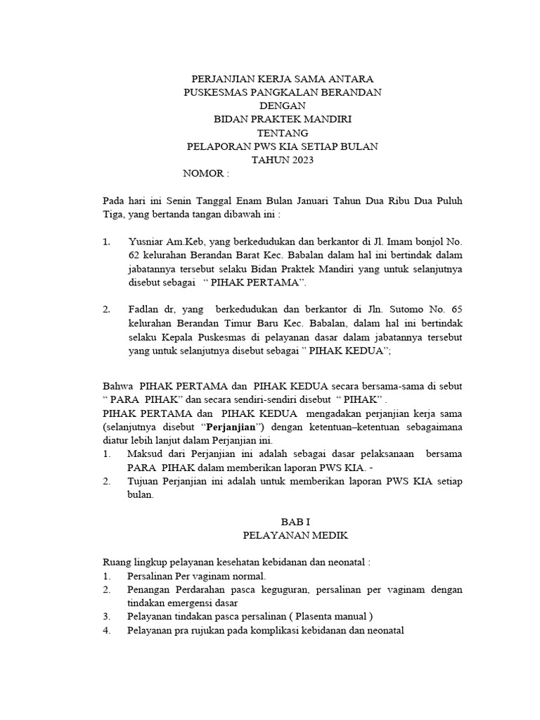 MOU Bidan Dan Puskesmas Docx | PDF