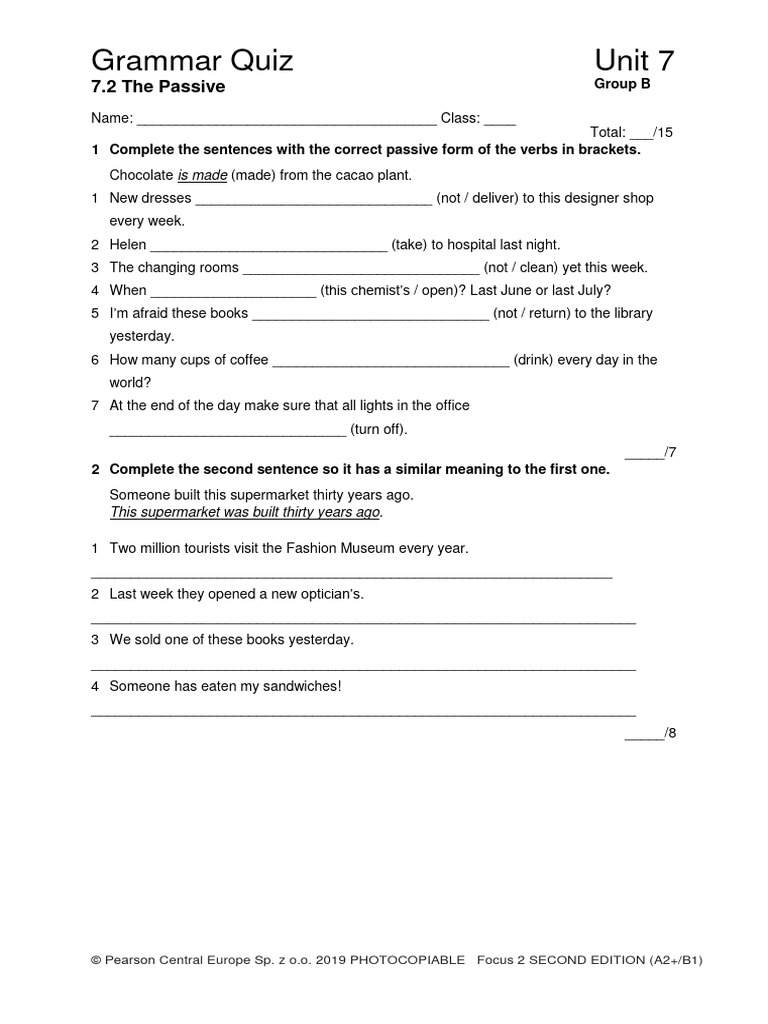 Focus 2 2ed Grammar Quiz Unit7.2 GroupB | PDF