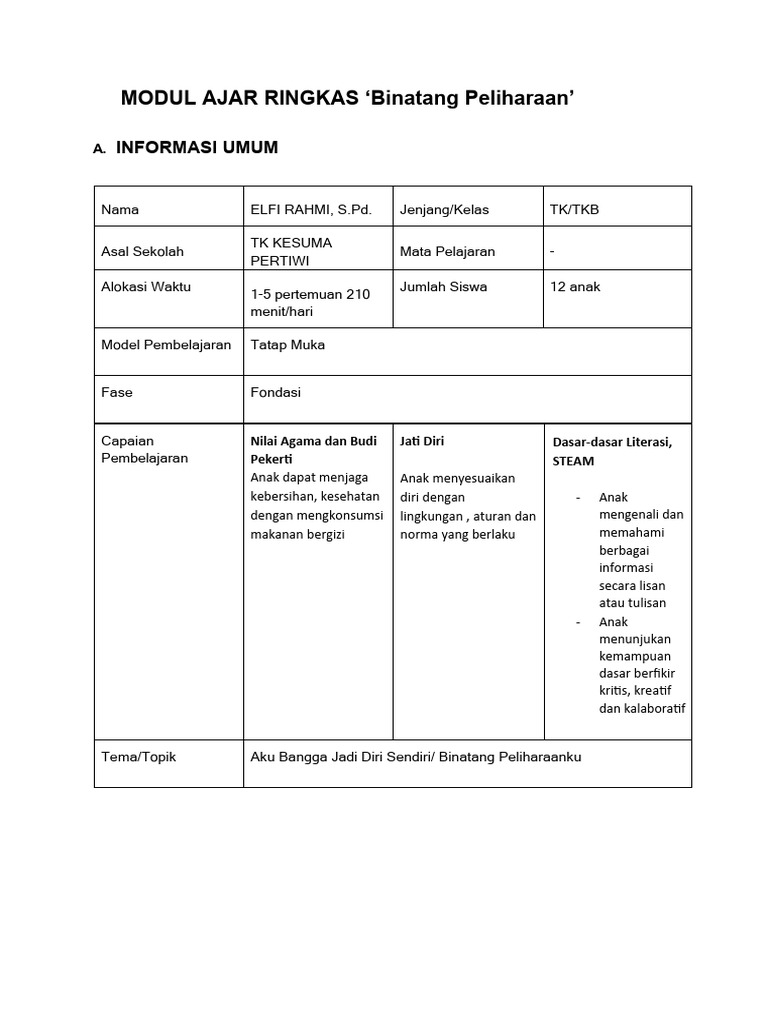 MODUL AJAR RINGKAS Binatang Peliharaan': Informasi Umum | PDF