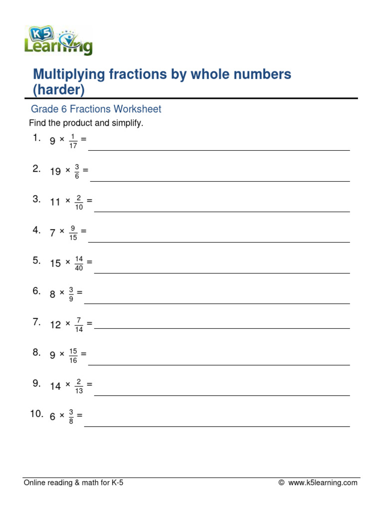 Grade 6 Multiplying Fractions With Whole Numbers Hard A | PDF