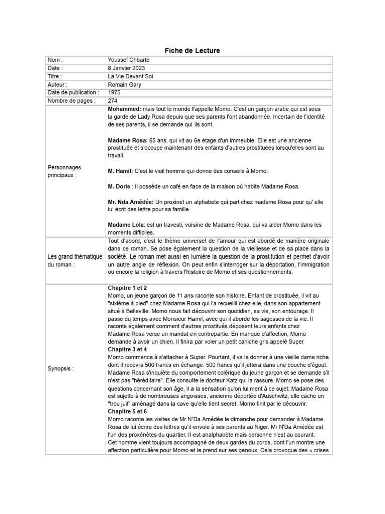 Fiche de Lecture : La Vie Devant Soi | PDF | Mystère, thriller et ...
