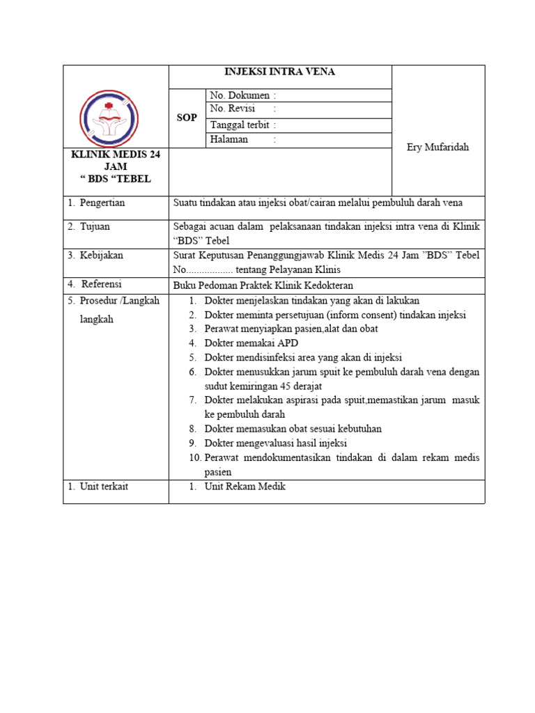 SOP Injeksi IV | PDF | Sains & Matematika