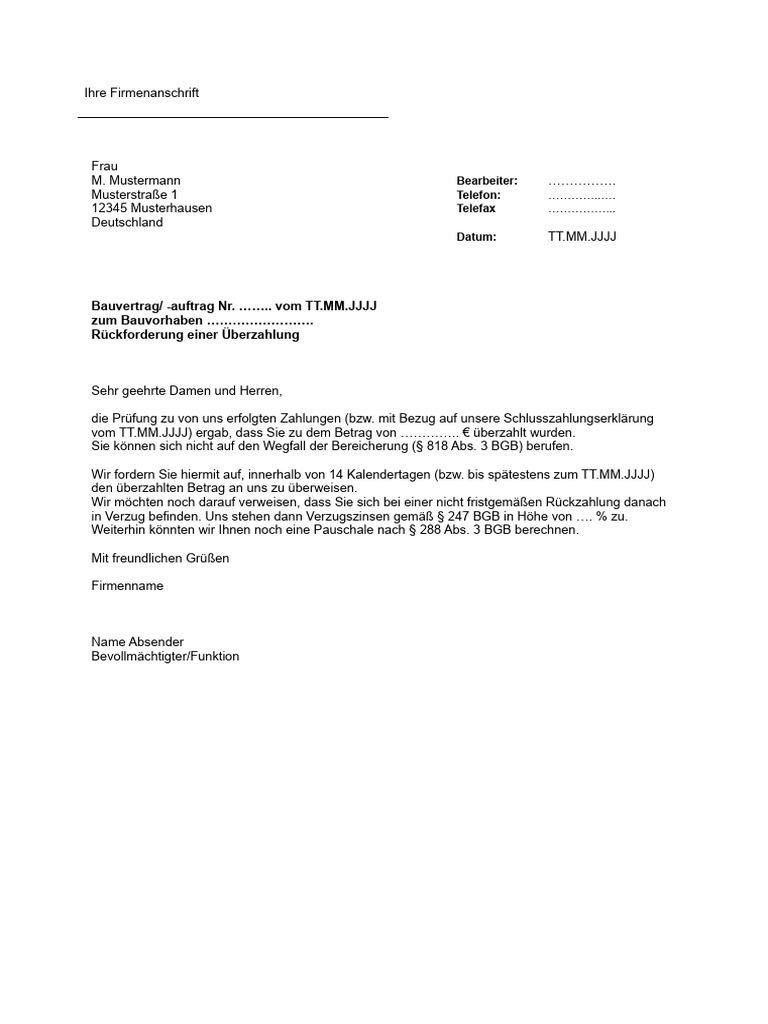 Musterbrief - Rueckforderung Einer Überzahlung | PDF