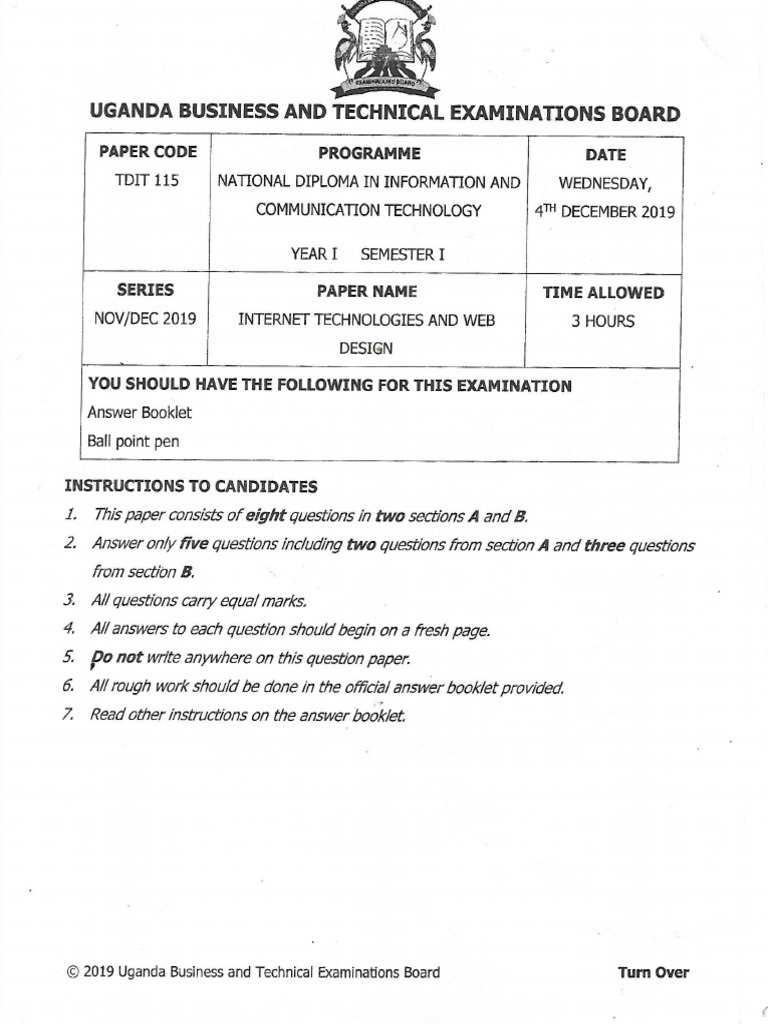 Internet Technologies and Web Design Exam Ubiteb Tdit 115 Dec 2019 | PDF
