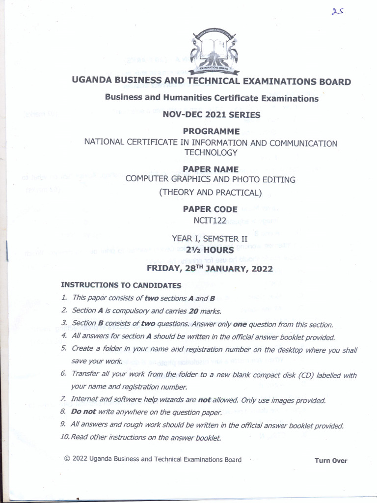 UBTEB PAST PAPER NCIT122 Computer Graphics0001 JANUARY 2022 | PDF
