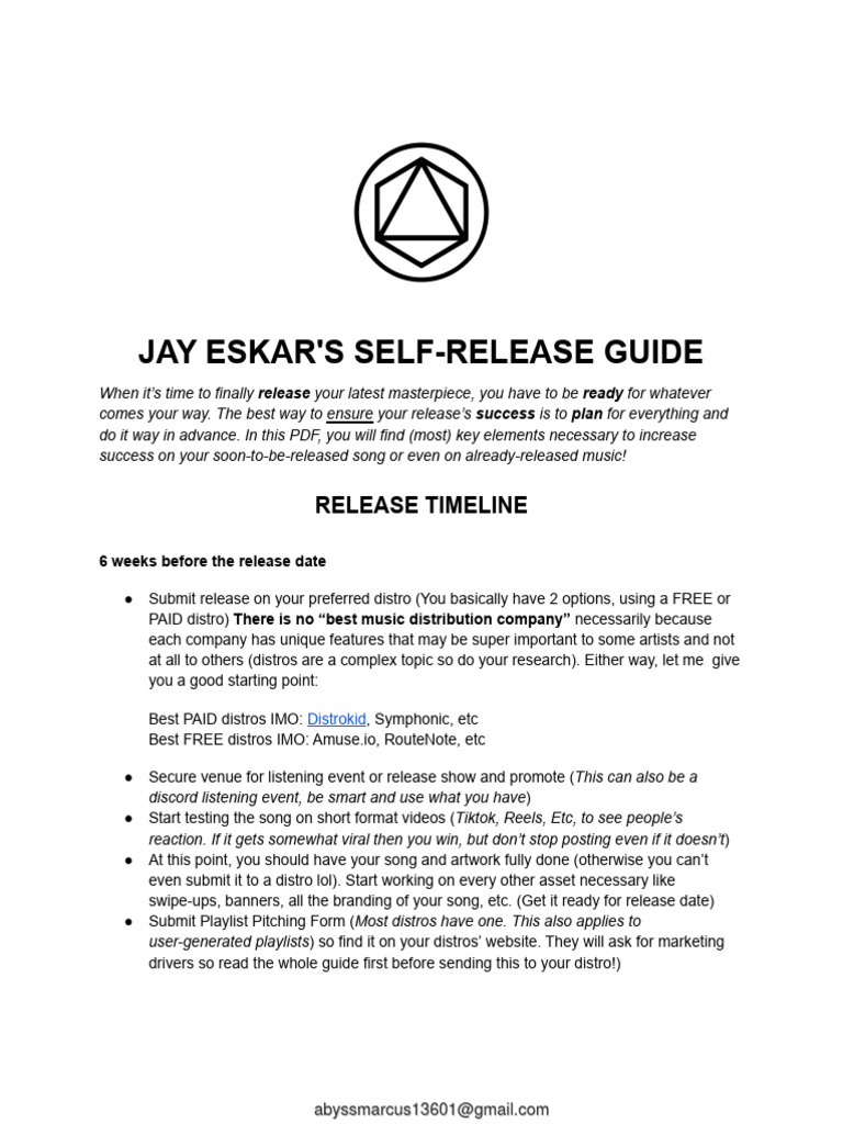 Jay Eskar's Release Strategy Guide | PDF | Spotify | Promotion (Marketing)