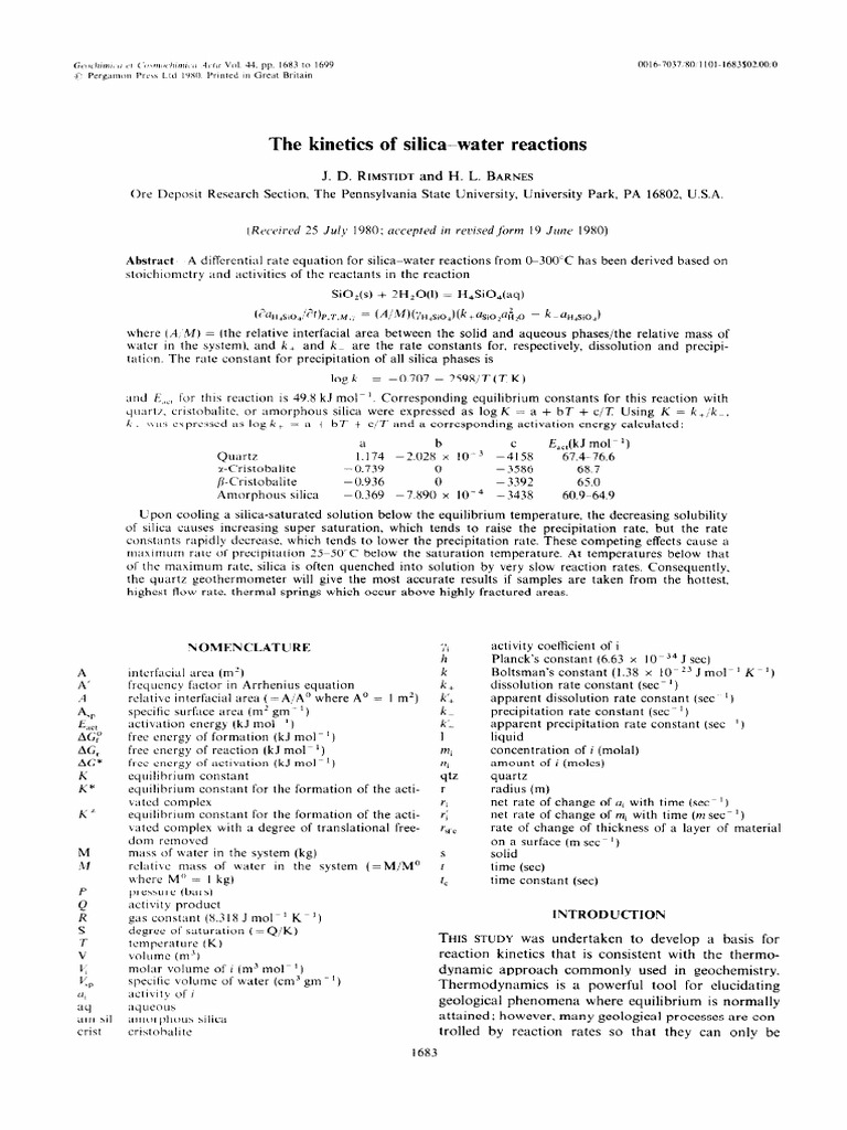 The Kinetics of Silica-Water Reations | PDF | Solubility | Activation ...