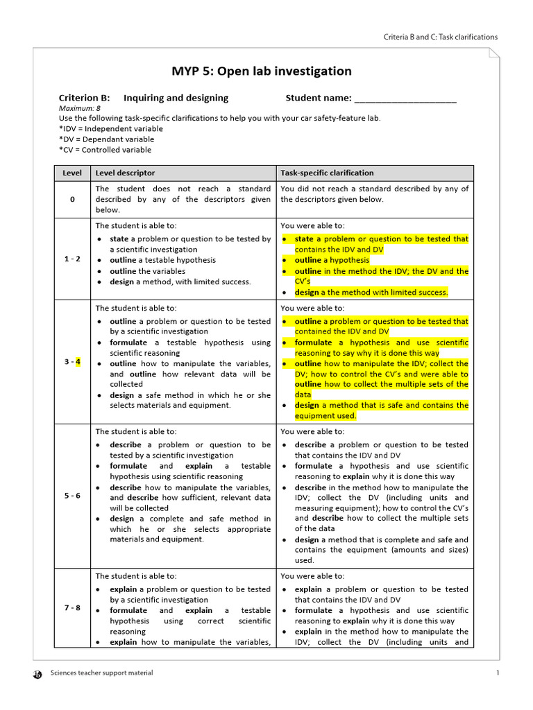 MYP Science Criterion B Clarifications | PDF | Scientific Method ...