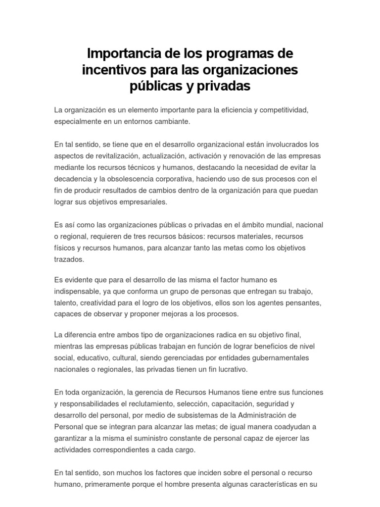 Importancia de Los Programas de Incentivos para Las Organizaciones Públicas y Privadas | PDF ...