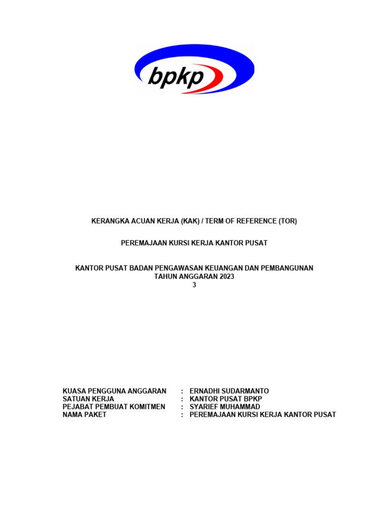 KAK Peremajaan Kursi Kerja Kantor Pusat TA 2023 | PDF | Bisnis | Pengelolaan Keuangan & Uang