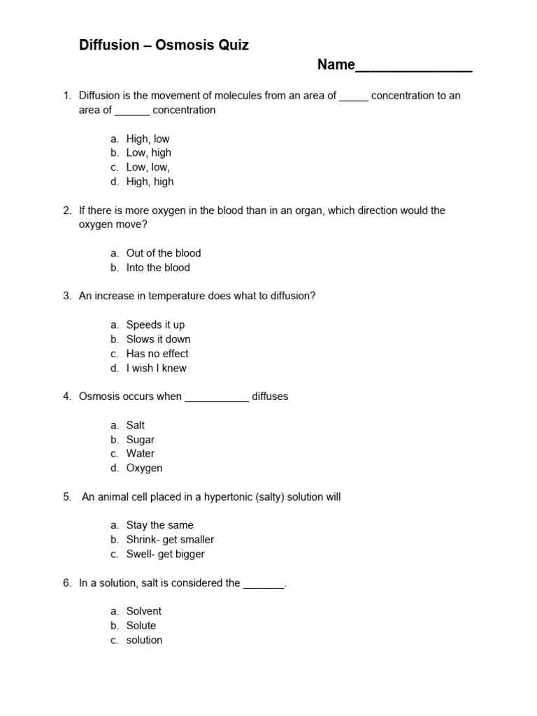 Diffusion Vs Osmosis Quiz | PDF