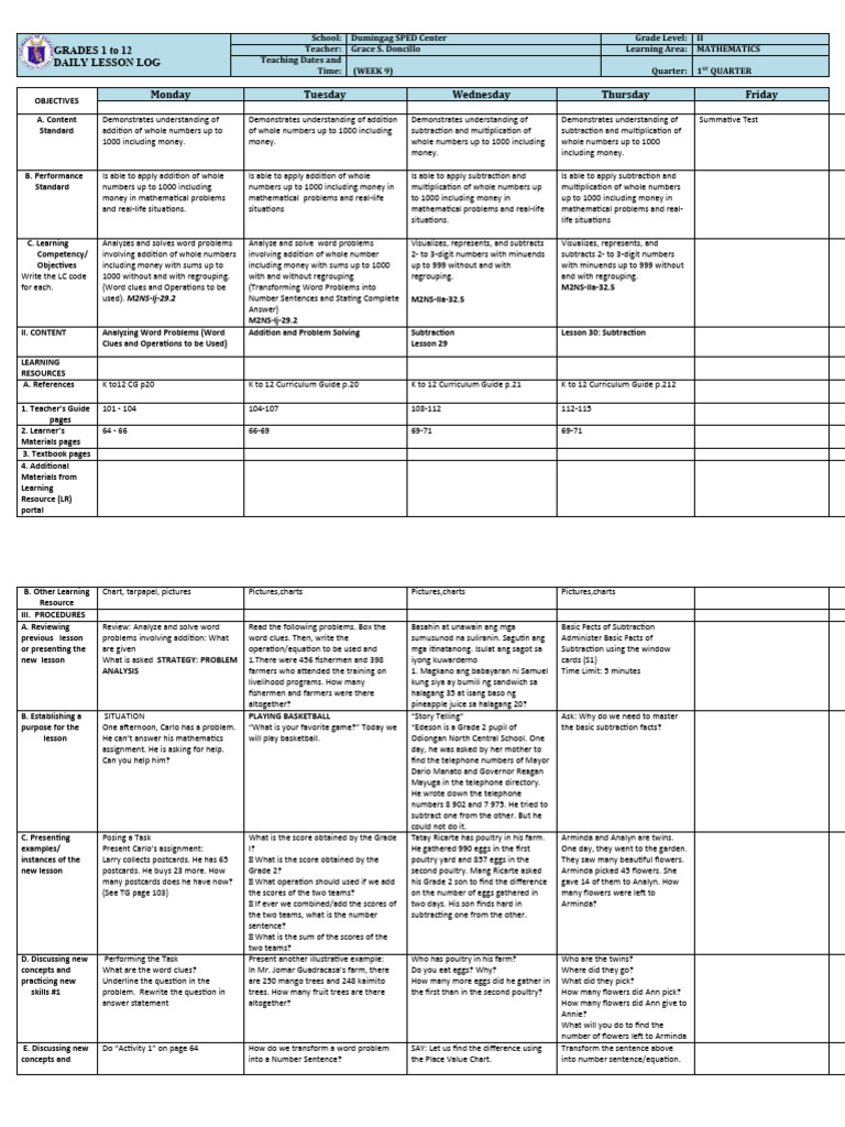 Mathematics Grade 2 Q1 Week 9 DLL | PDF | Subtraction | Mathematics