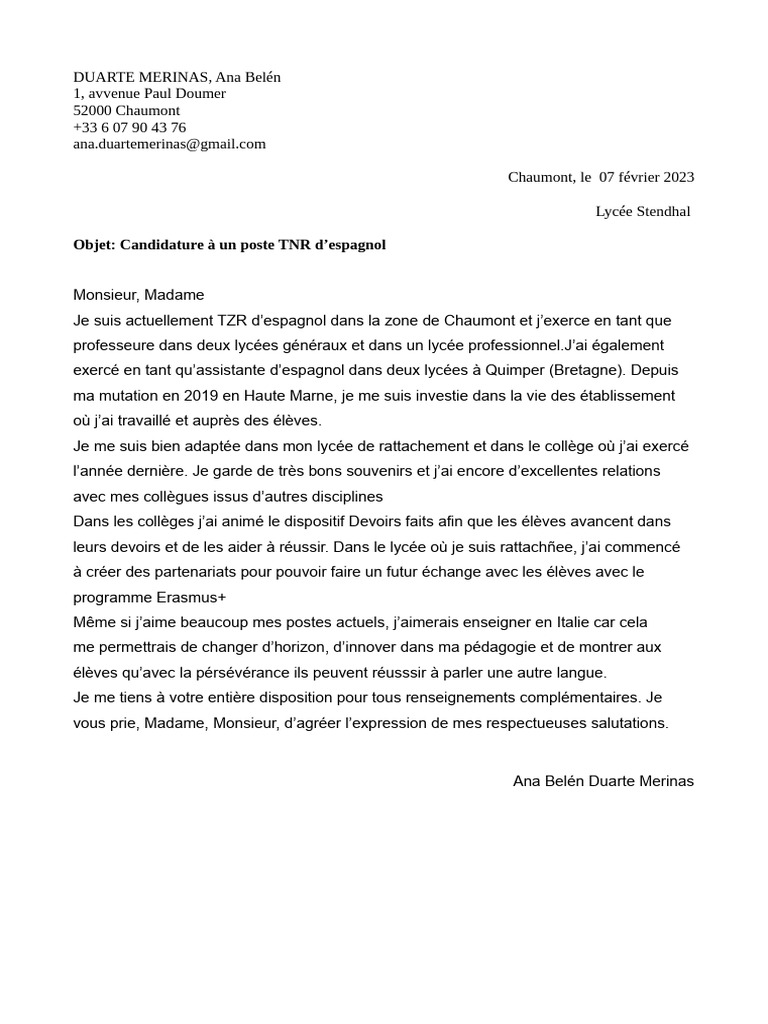 Candidature Professeur d'Espagnol TNR | PDF