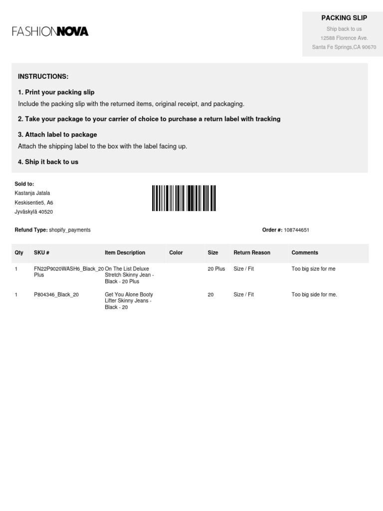 Fashion Nova Return Instructions | PDF
