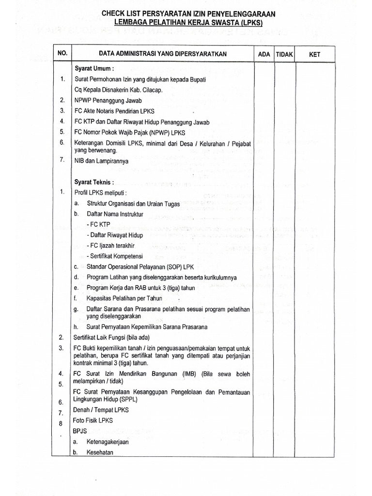 Ceklist Lpks | PDF