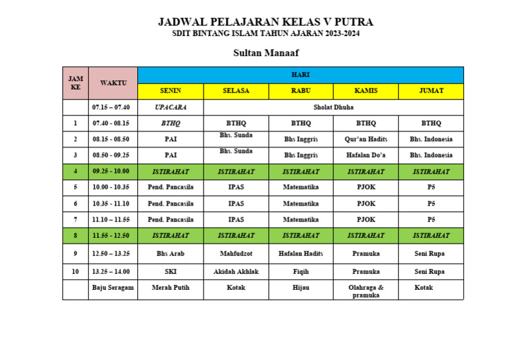 Jadwal Pelajaran Kelas 5 Putra | PDF