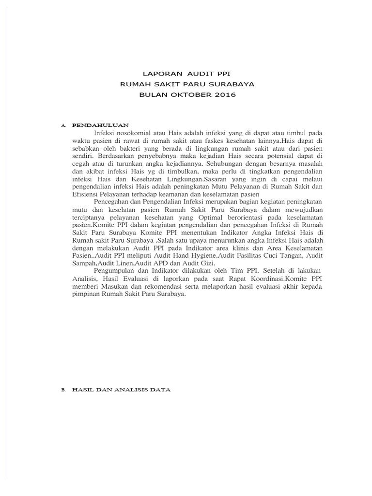 PDF Laporan Audit Ppi Rumah Sakit Paru Surabaya Bulan Oktober 2016 | PDF | Sains & Matematika