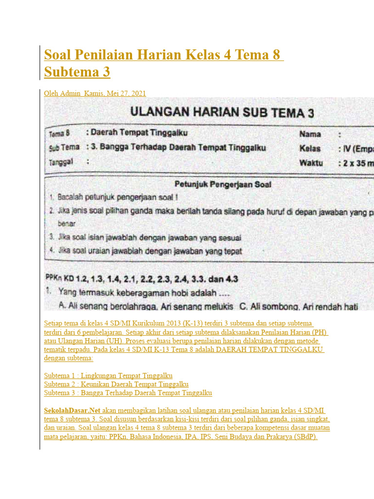 Soal Penilaian Harian Kelas 4 Tema 8 Subtema 3 | PDF | Kajian Bahasa Asing