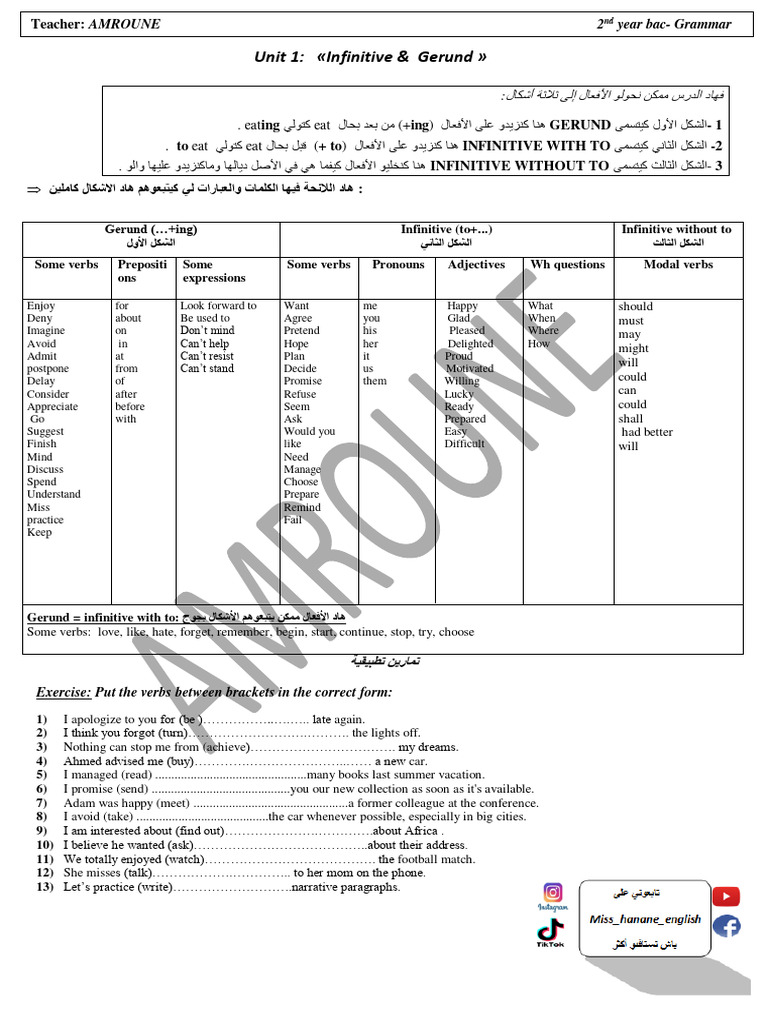 Unit1 - Grammar - Infinitive and Gerund - 2bac - PROF AMROUNE | PDF