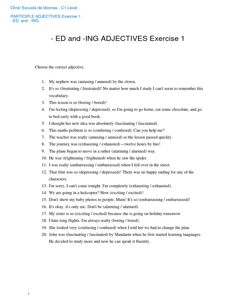 ED and - InG ADJECTIVES Exercise 1 - Chris' Escuela de Idiomas | PDF