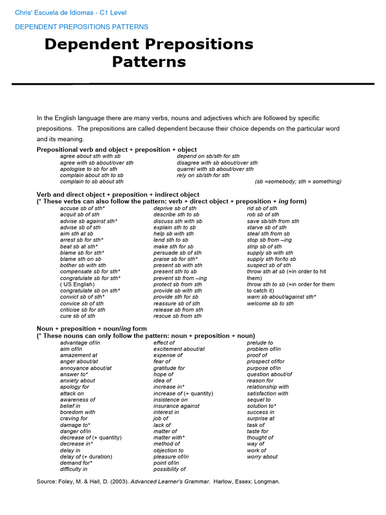 DEPENDENT PREPOSITIONS Patterns - Chris' Escuela de Idiomas | PDF