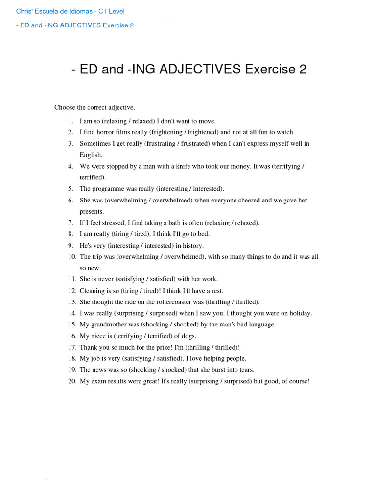 ED and - InG ADJECTIVES Exercise 2 - Chris' Escuela de Idiomas | PDF ...