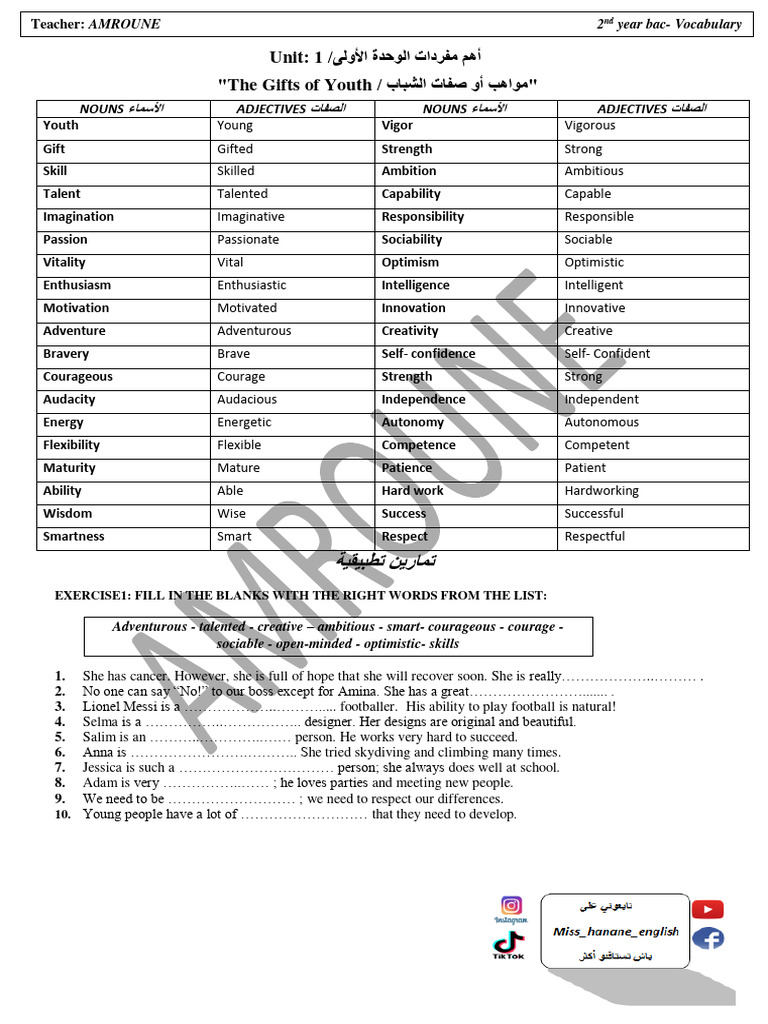 Unit 1 - Vocabulary About The Gifts of Youth - 2bac - PROF AMROUNE | PDF