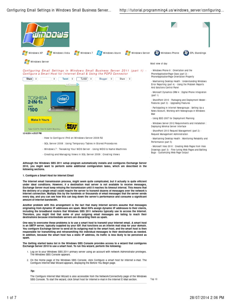 Configuring Email Settings in Windows Small Business Server 2011 | PDF ...