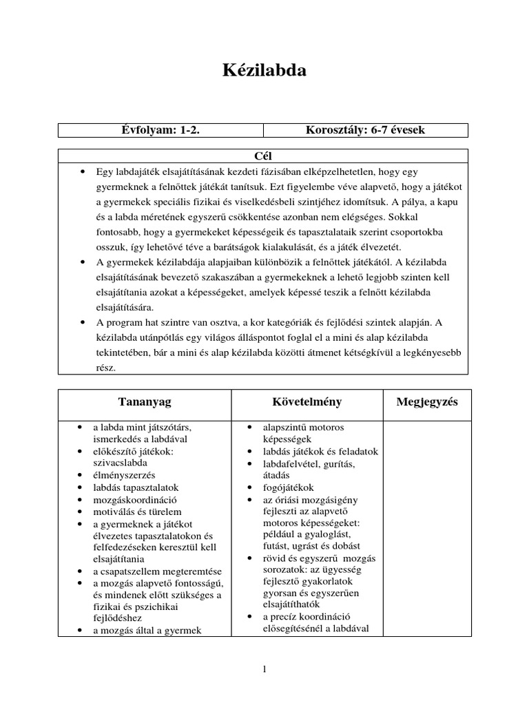 Kezilabda Sportagi Tanterv | PDF