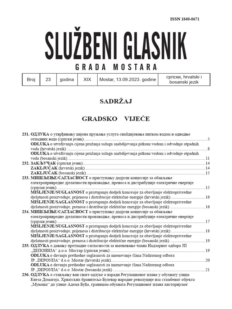 Sluzbeni Glasnik Grada Mostara Broj 23-2023 | PDF