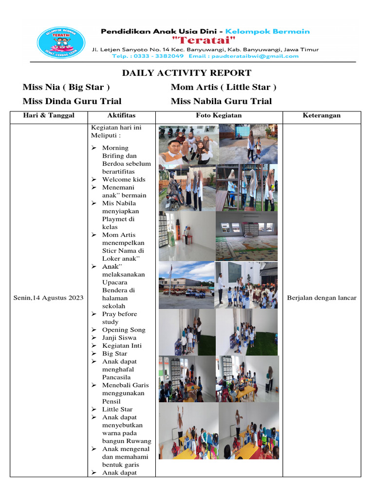 DAILY ACTIVITY REPORT Paud 14 Agustus 2023 | PDF