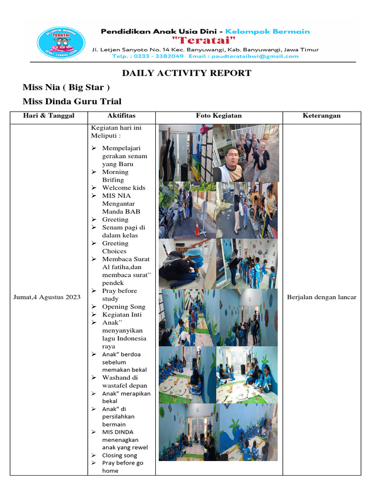DAILY ACTIVITY REPORT PAUD 4 Agustus 2023 | PDF