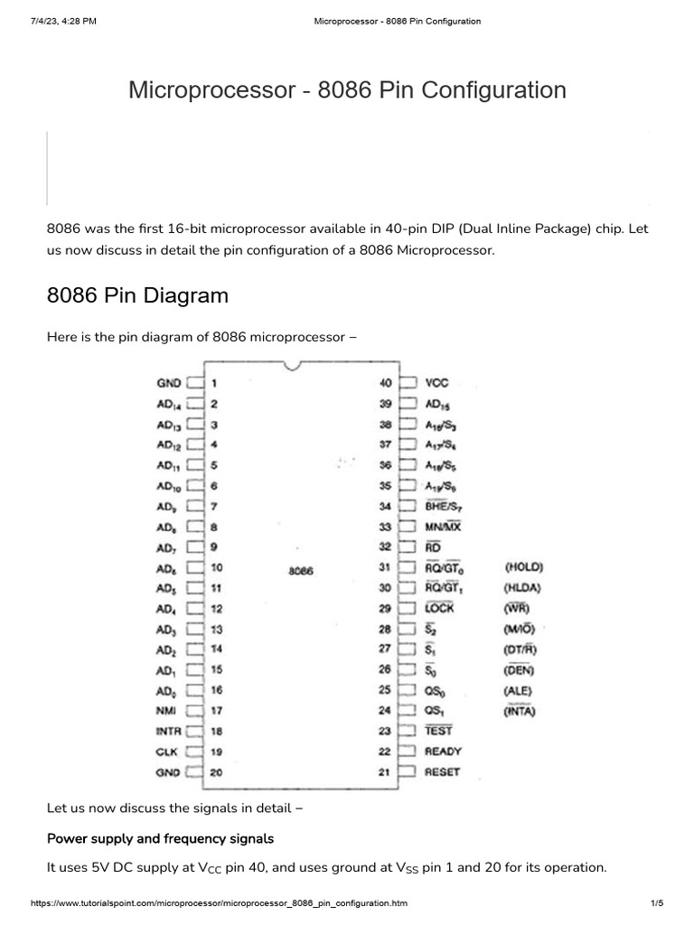 Microprocessor - 8086 Pin Configuration | PDF