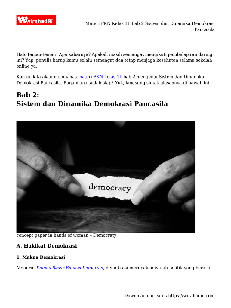 Materi PKN Kelas 11 Bab 2 Sistem Dan Dinamika Demokrasi Pancasila | PDF