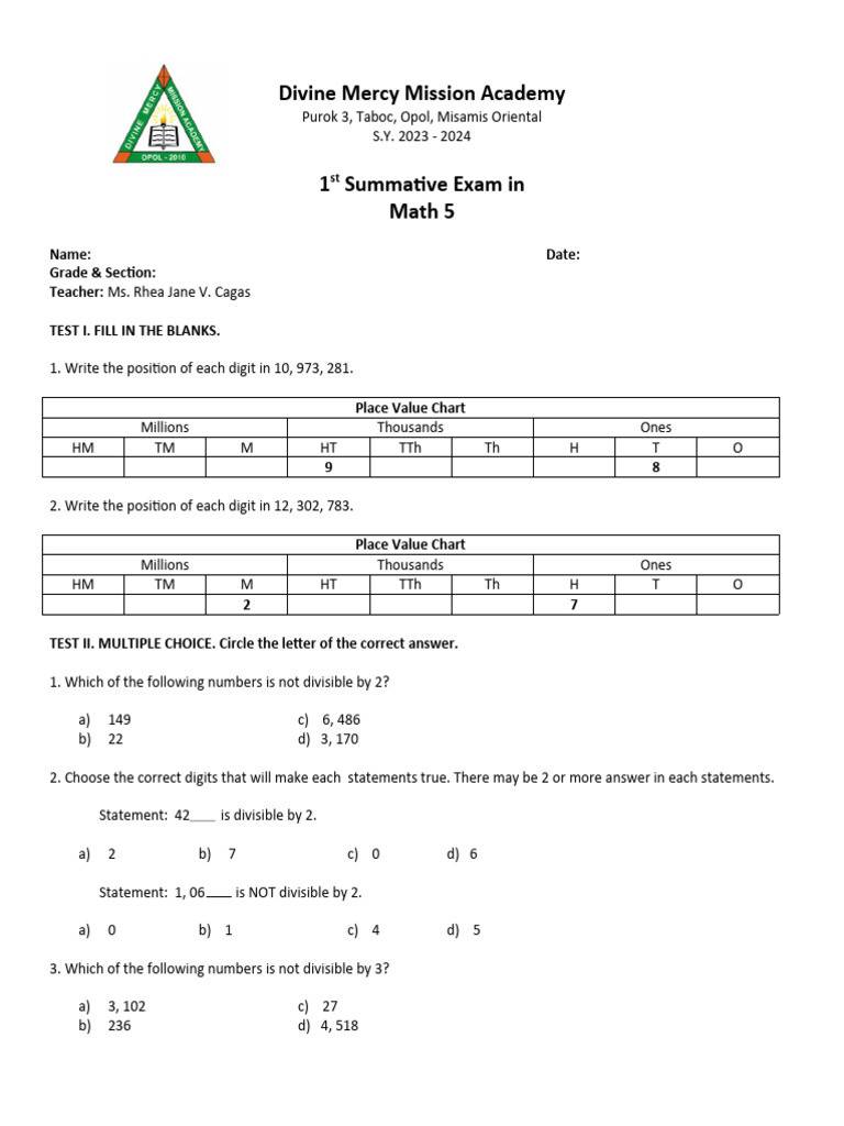 Summative Test in Math 5 | PDF | Mathematics
