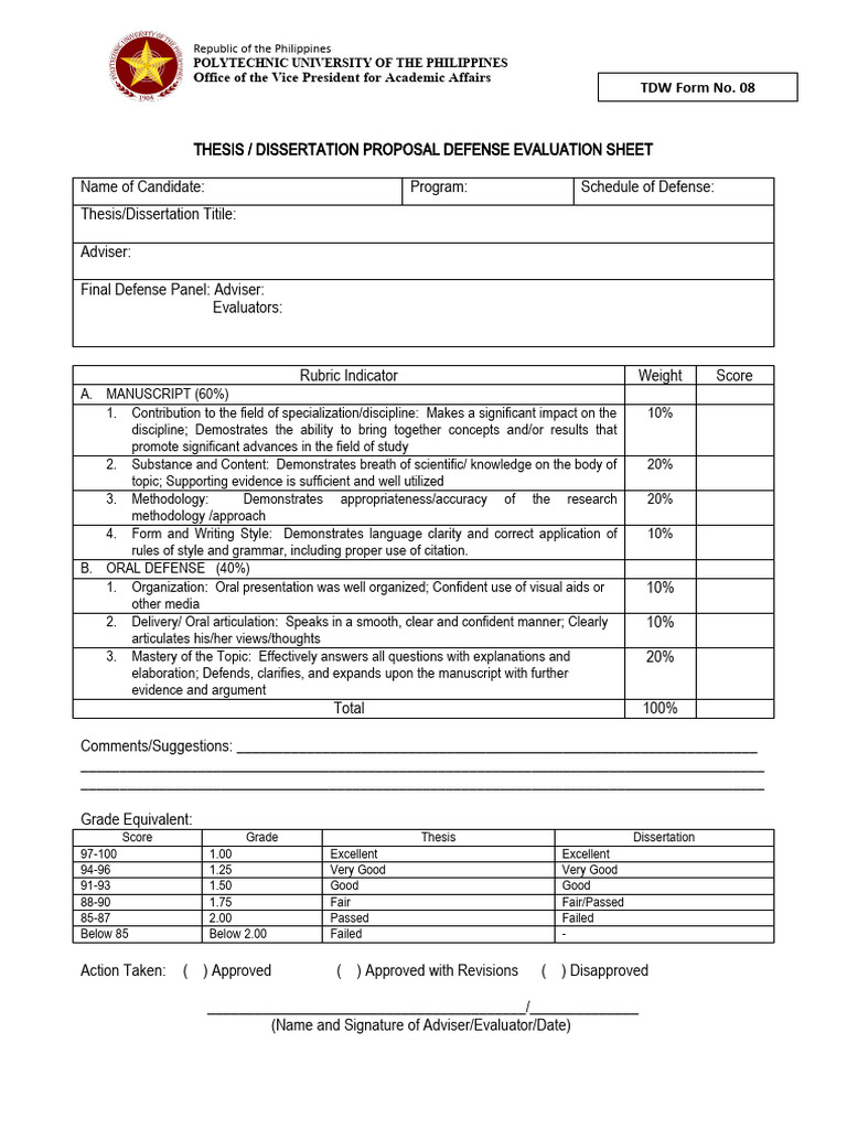 TDW Form No. 08 - Thesis Dissertation Proposal Evaluation Sheet | PDF