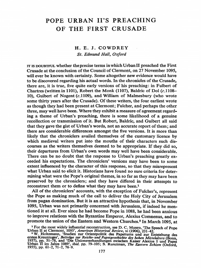 Cowdrey - Pope Urban II's Preaching of The First Crusade. | PDF | History