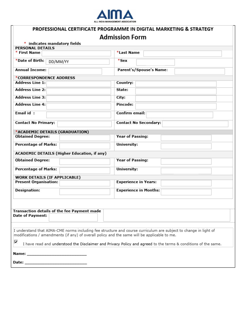 Digital Marketing Admission Form | PDF