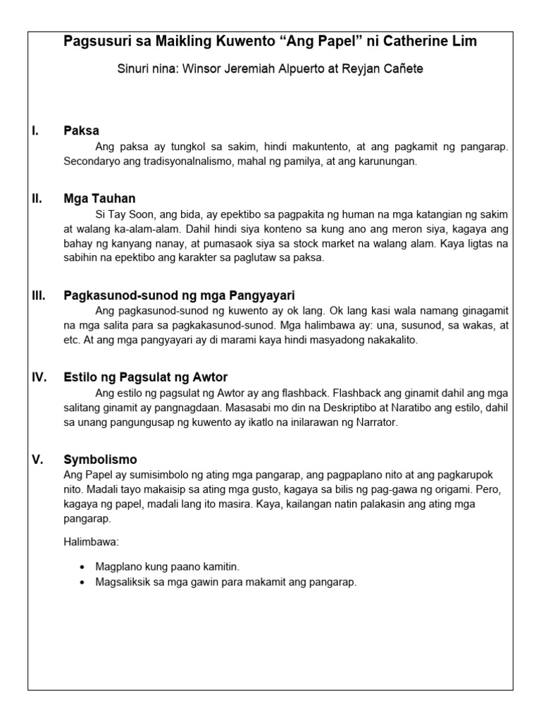 Pagsusuri Sa Maikling Kuwento | PDF