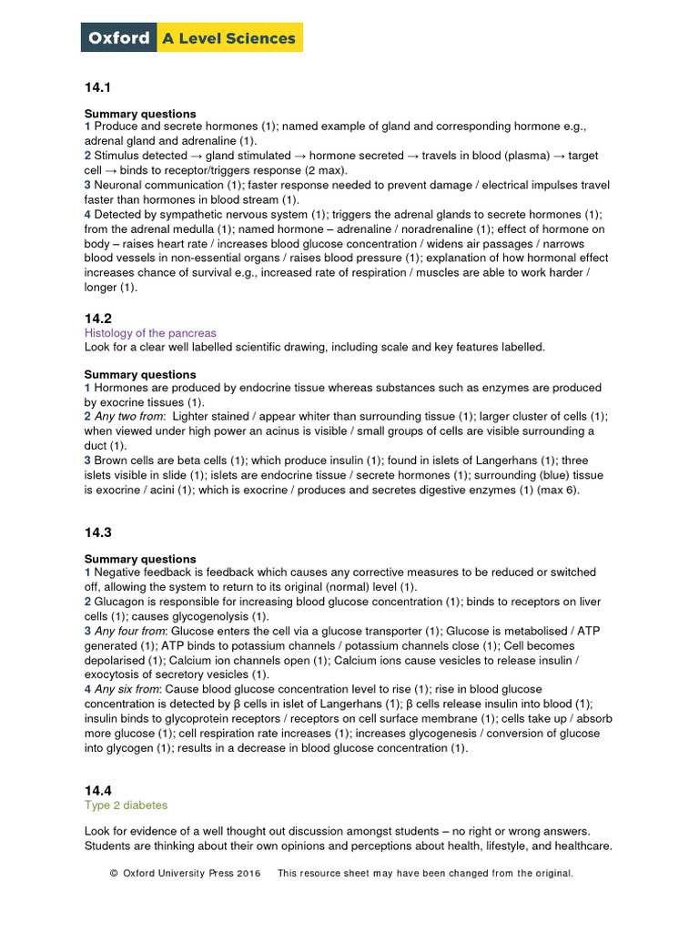 Chapter 14 Answers | PDF | Hormone | Insulin