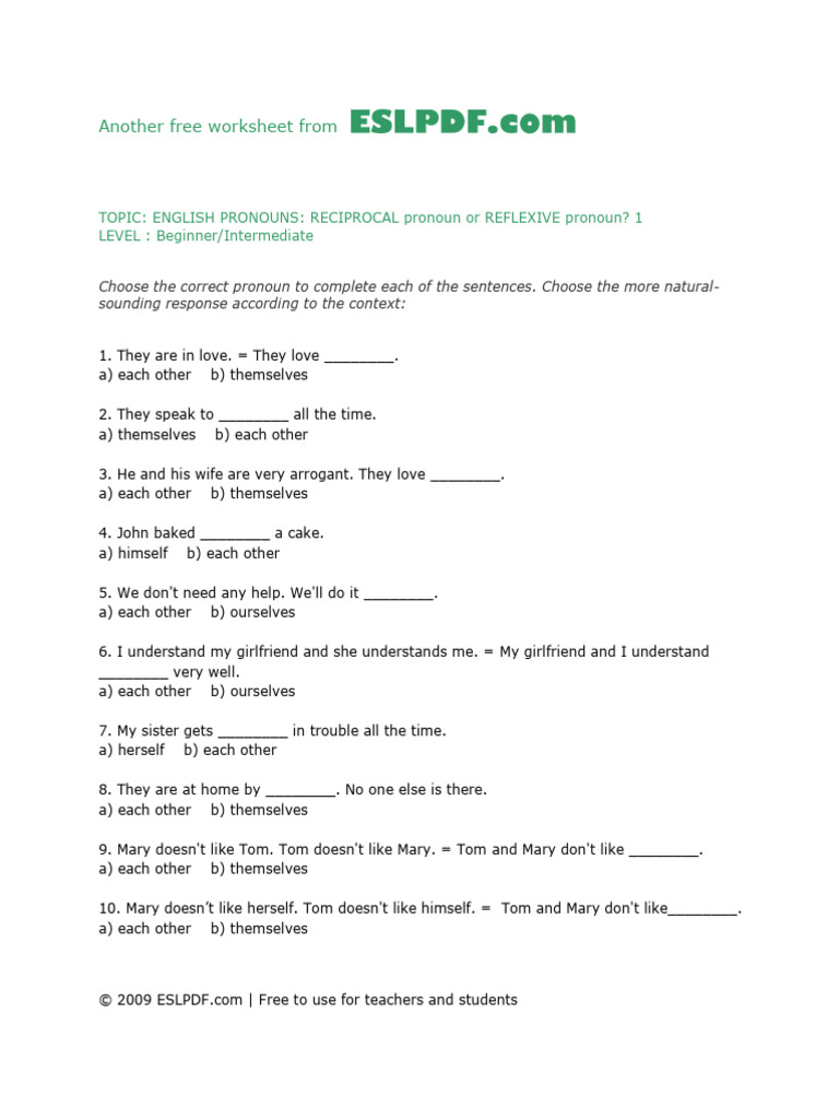 English Pronouns Worksheet: Reflexive vs. Reciprocal | PDF | Language ...
