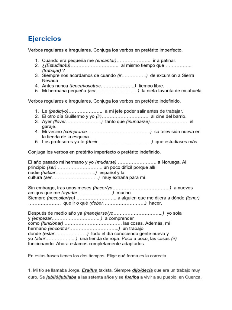 Ejercicios Del Preterito Vs Imperfecto Octubrec2022 | PDF